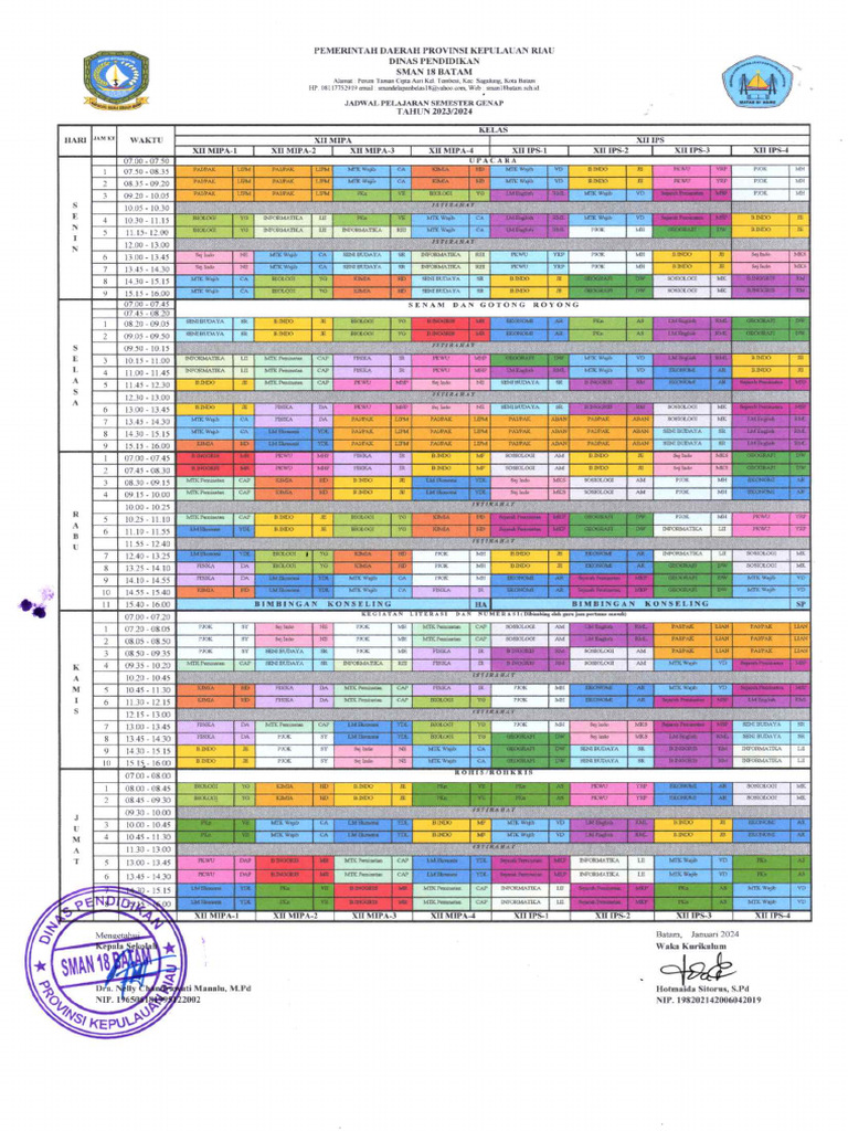 Jadwal Pelajaran Kelas Xii Semester Genap 2023-2024 | PDF