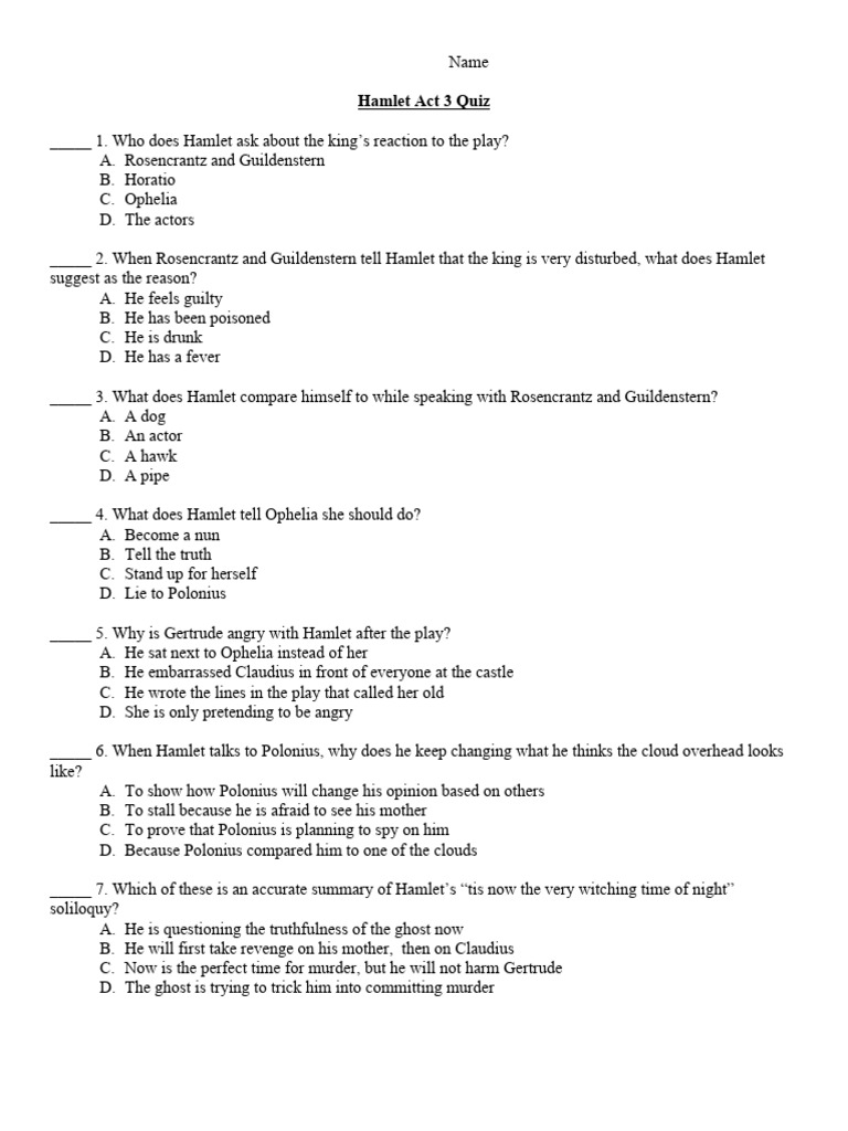 Hamlet Act 3 Quiz | PDF | Hamlet | Shakespearean Tragedies