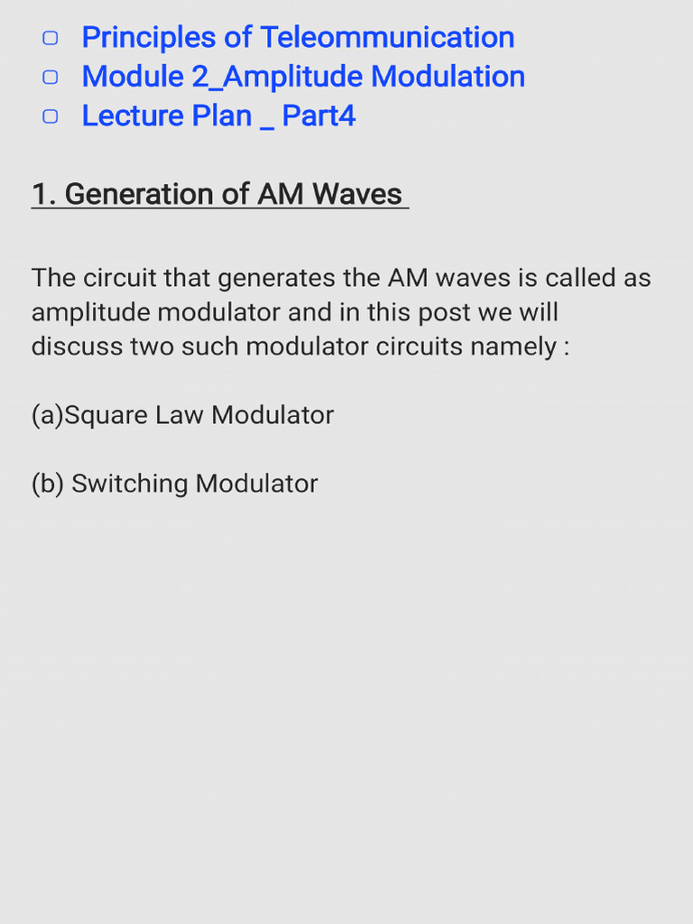 6-Generation of AM Signal - Square Law Modulator, Switching Modulator ...