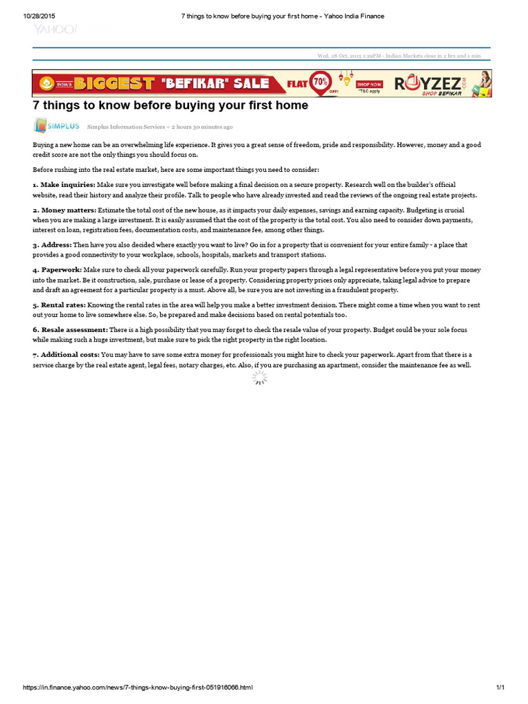 7 Things To Know Before Buying Your First Home - Yahoo India Finance | PDF | Fee | Renting