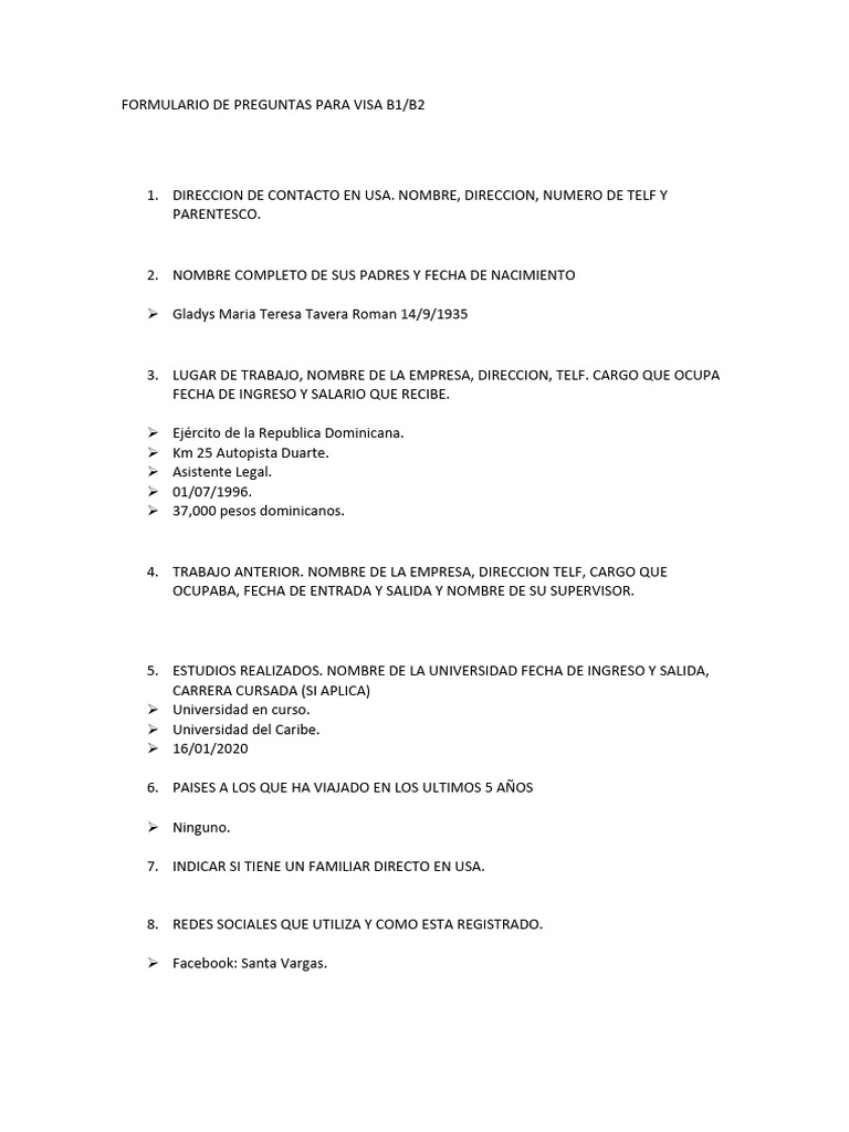 Formulario de Preguntas para Visa B1-B2 | PDF