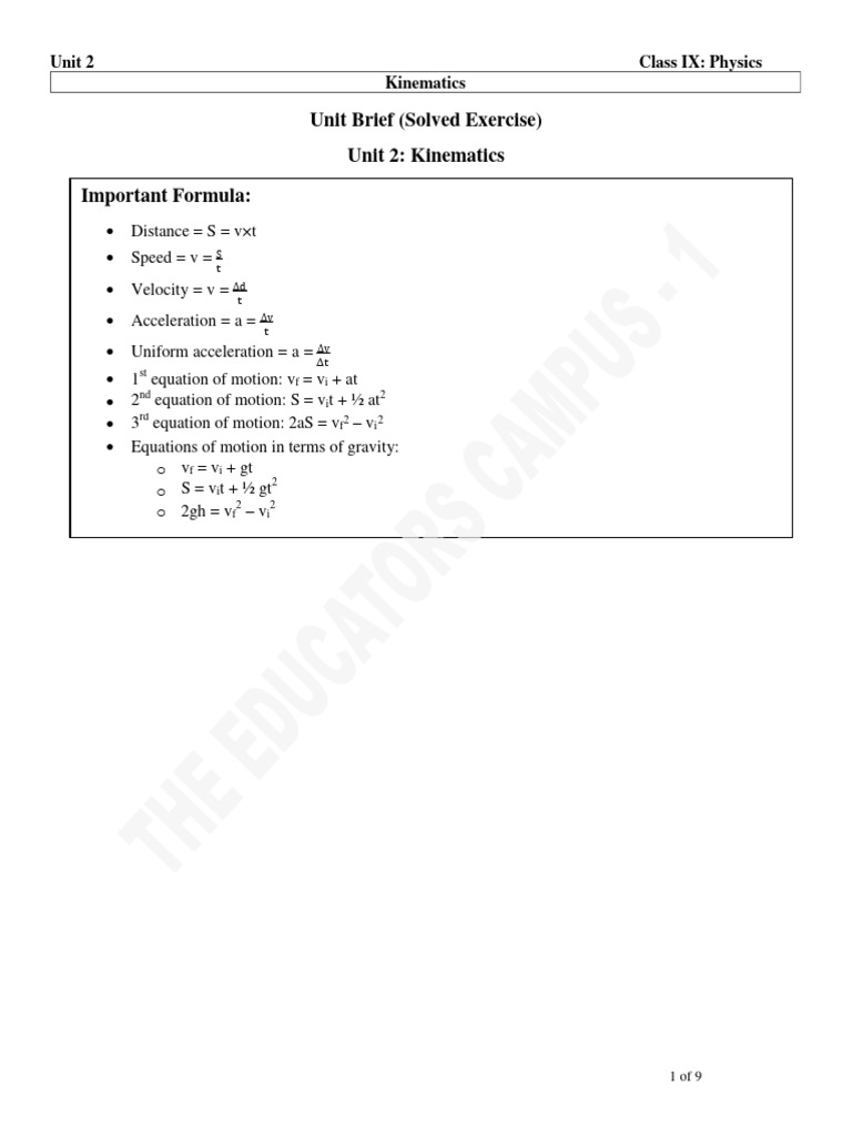 Chapter Brief Physics IX Unit 2 Kinematics (2022-23) | PDF | Velocity | Acceleration
