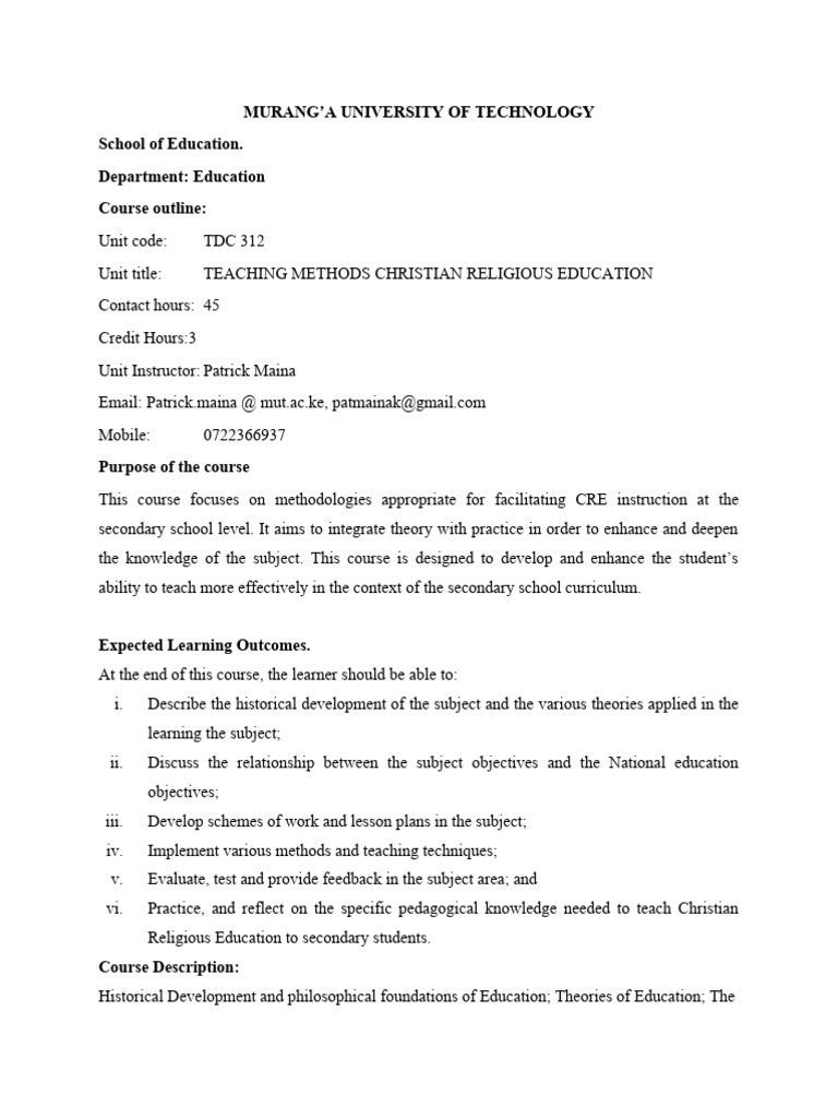 TDC 312 Teaching Methods Cre Course o | PDF | Lesson Plan | Teaching Method