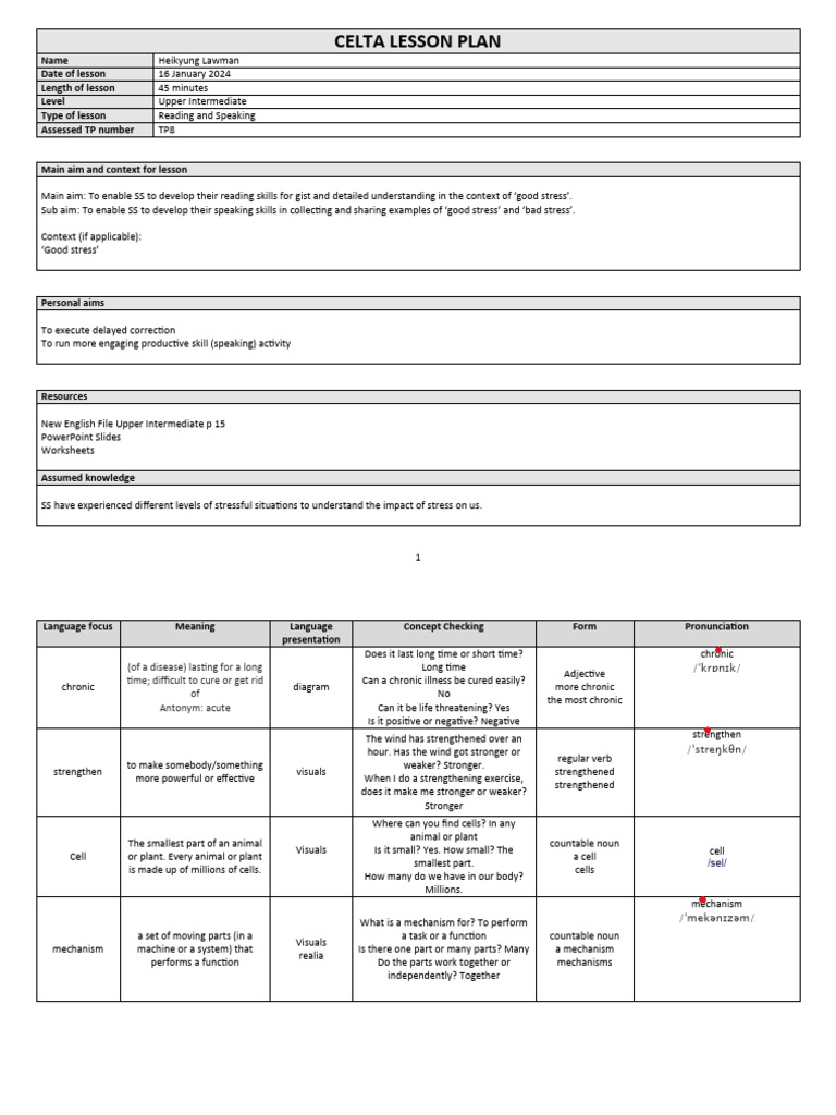 CELTA Reading & Speaking Lesson Plan | PDF | Stress (Biology) | Human Communication