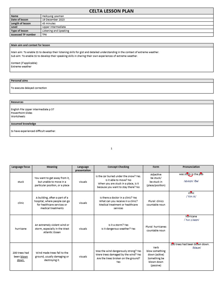 Upper Intermediate Listening and Speaking Lesson Plan For The Lesson ...