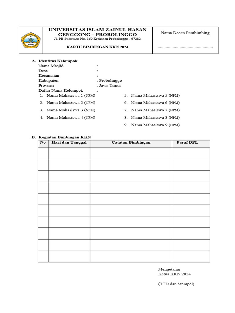 (Form) Kartu Bimbingan KKN 2024 | PDF