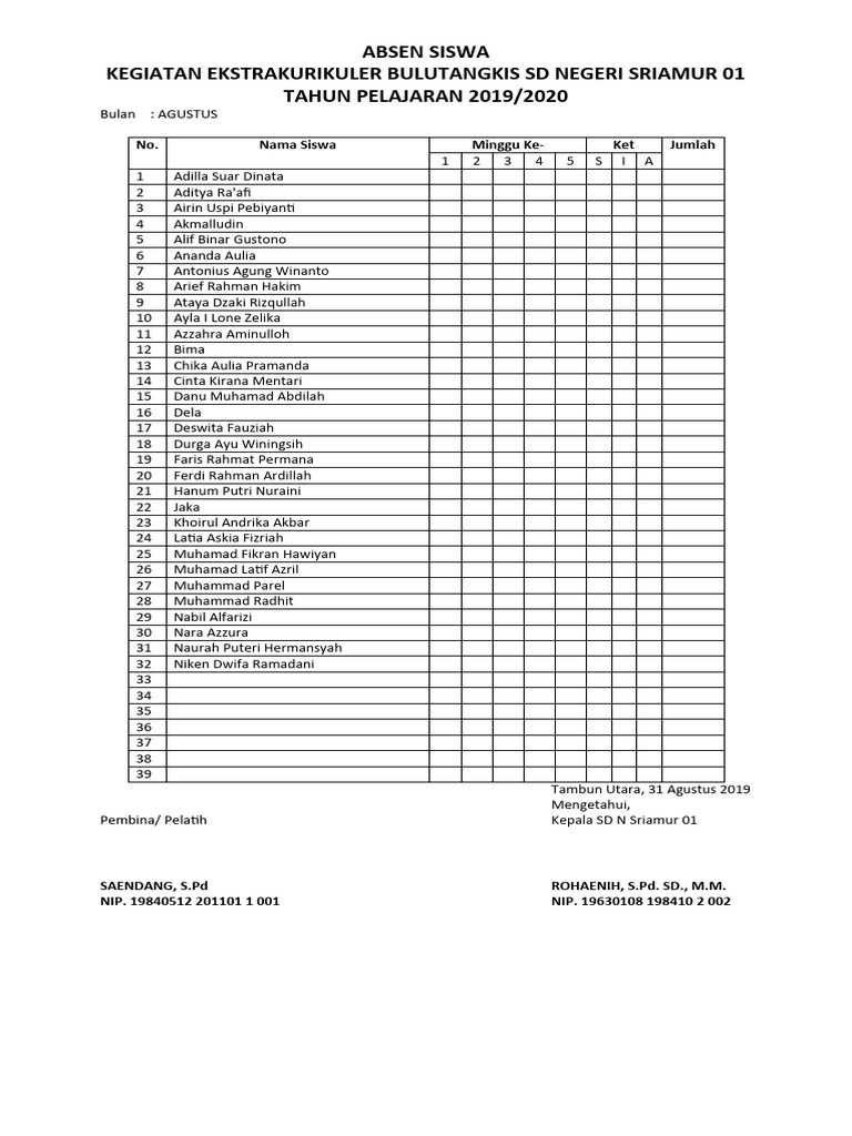 ABSEN SISWA - Docx EKUL BADMINTON | PDF
