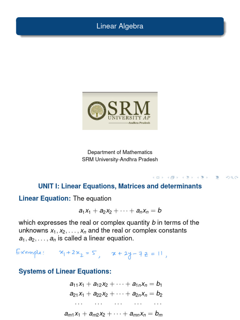 Slides For Linear Algebra (Lec 1) | PDF | Matrix (Mathematics) | System Of Linear Equations