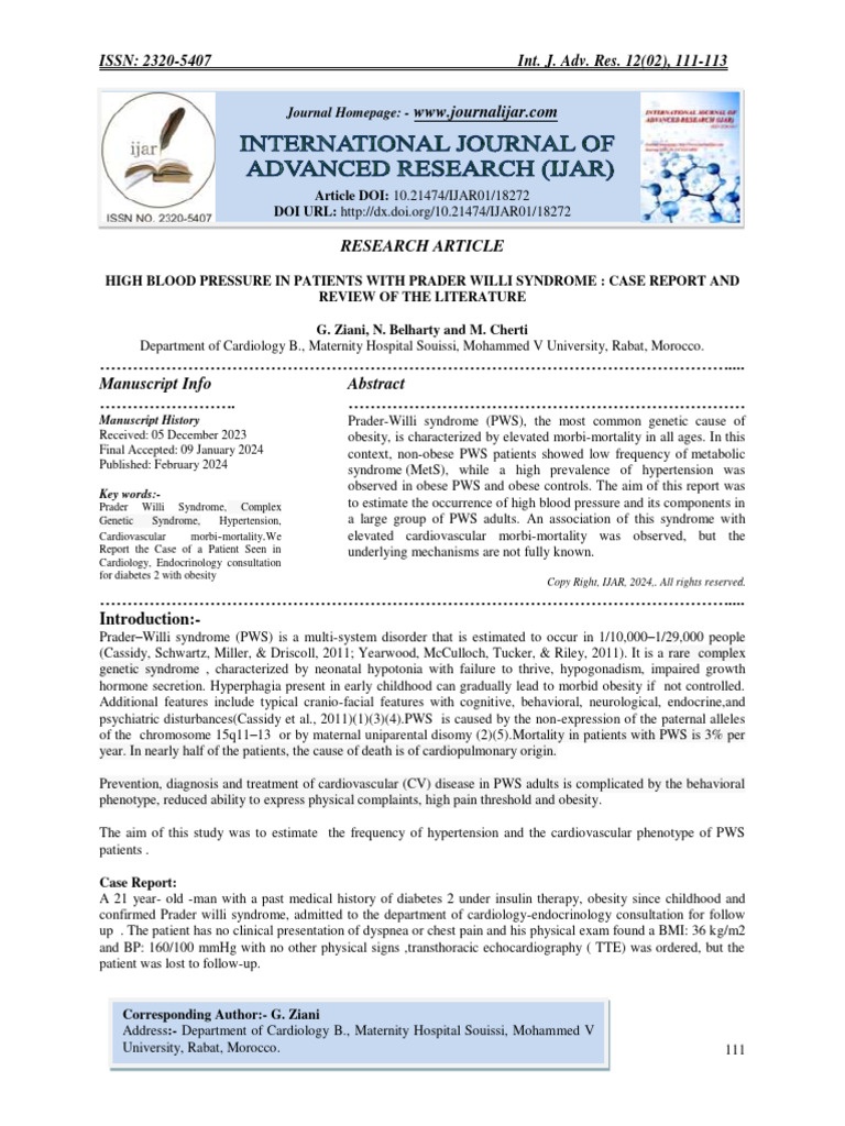 High Blood Pressure in Patients With Prader Willi Syndrome: Case Report ...