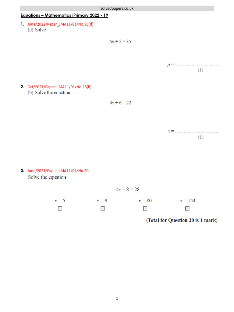 2022 19 Equations Edexcel Math Iprimary | PDF