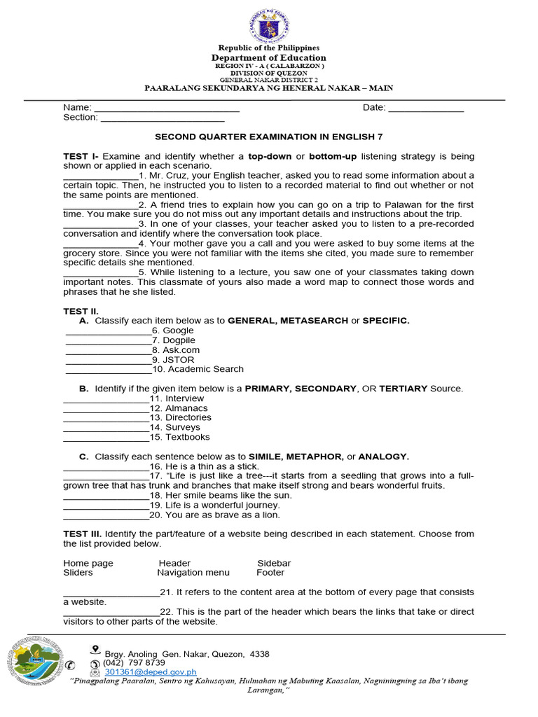 2nd Quarter Examination in English 1 | PDF | Chart | Pie Chart