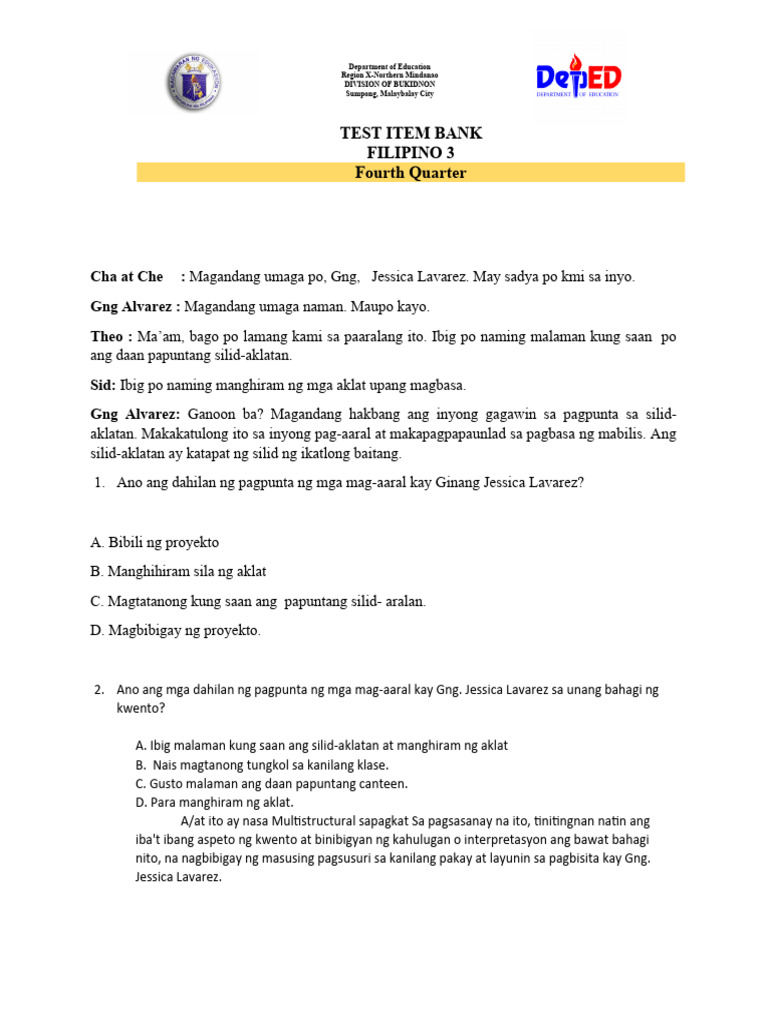Grade3 Filipino Test | PDF
