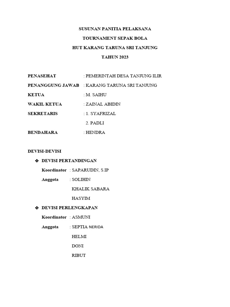 Susunan Panitia Pelaksana Hut Karang Taruna | PDF