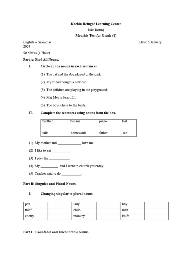 Grade 1 English Monthly Test Paper | PDF | Morphology | Linguistic ...