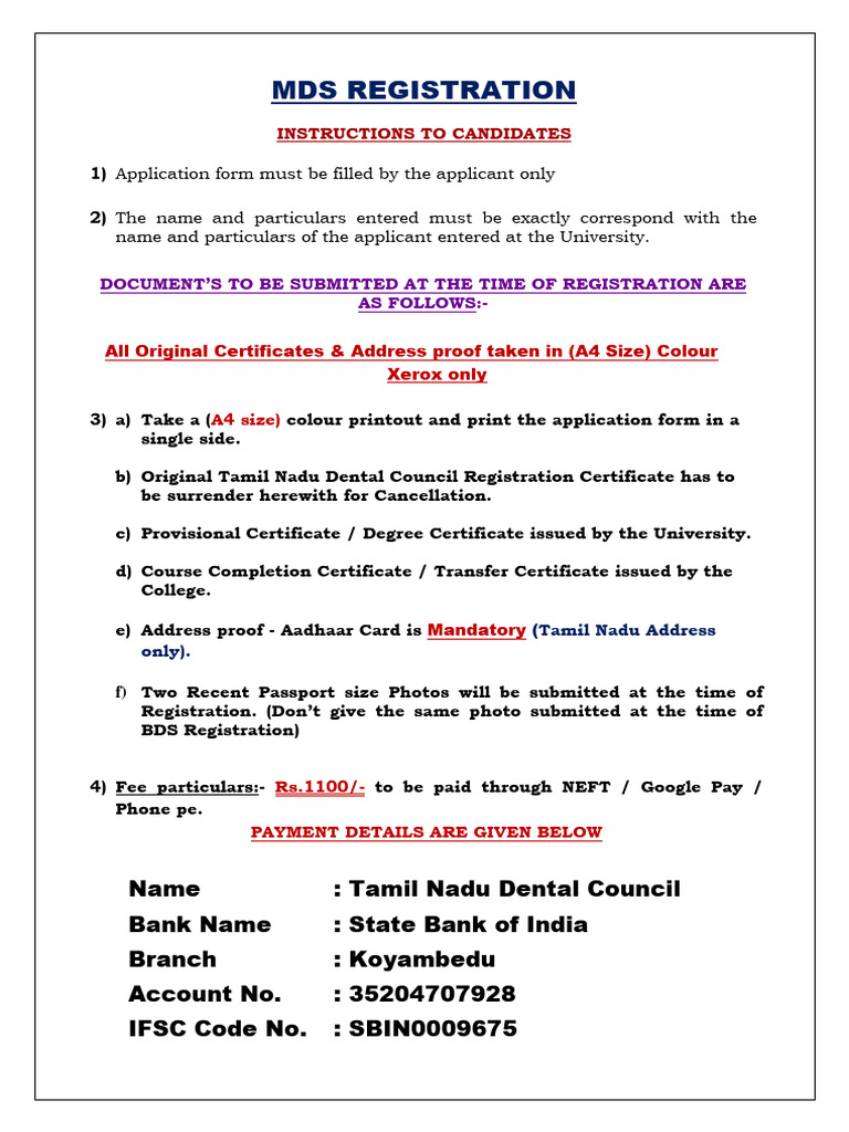 MDS Registration Application Form | Download Free PDF | Dental Degree