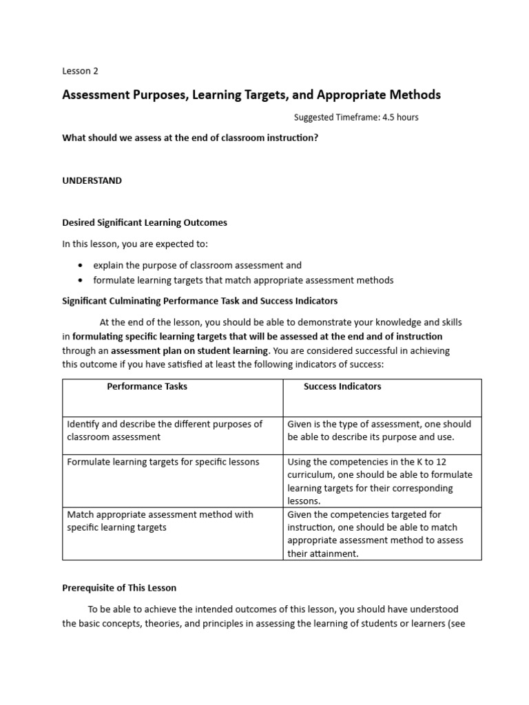Lesson 2 Assessment Purposes Learning Targets And Appropriate Methods Download Free Pdf