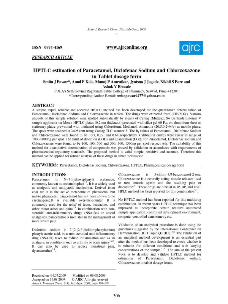 HPTLC Analysis of Paracetamol, Diclofenac, Chlorzoxazone | PDF | Nonsteroidal Anti Inflammatory ...