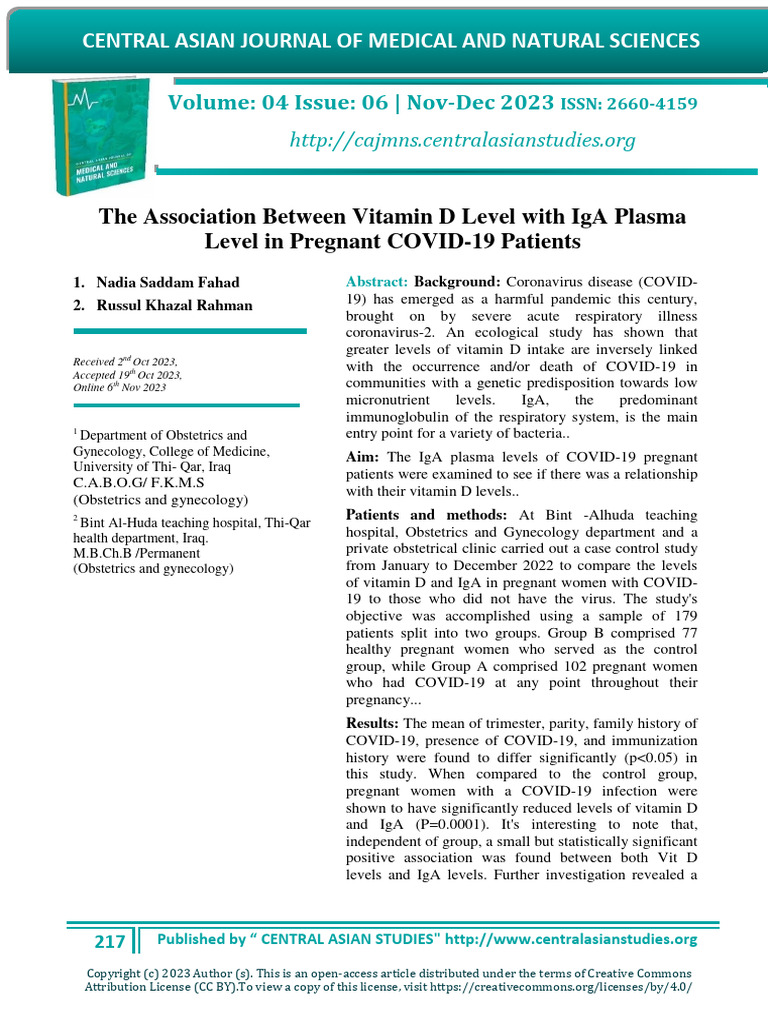 The Association Between Vitamin D Level With IgA Plasma Level in Pregnant COVID-19 Patients ...
