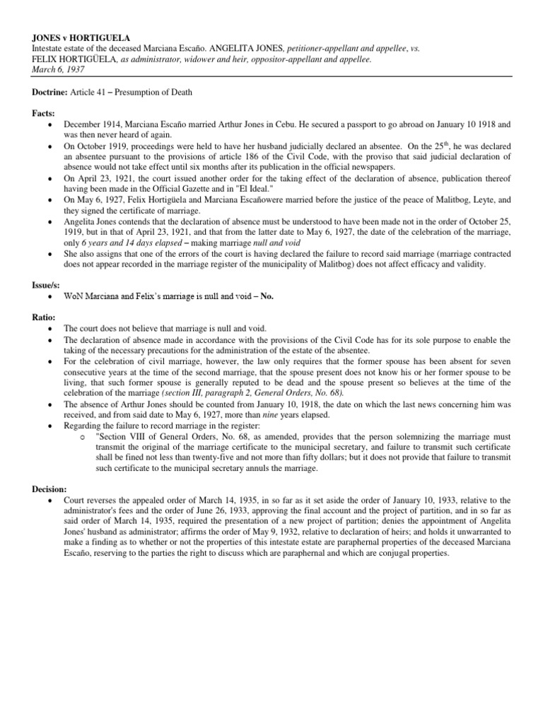 Case #77 Jones-v-Hortiguela | PDF | Marriage | Intestacy