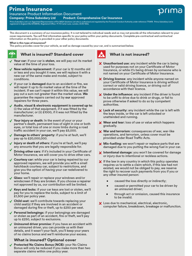 Product Information (IPID) | Download Free PDF | Vehicle Insurance ...