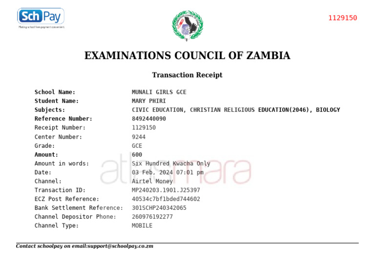Examinations Council of Zambia: Transaction Receipt | PDF