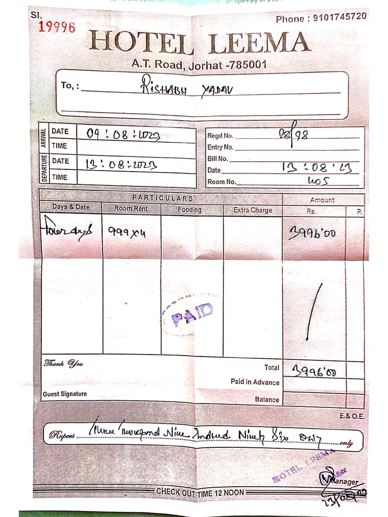 Hotel Bill Jorhat | PDF