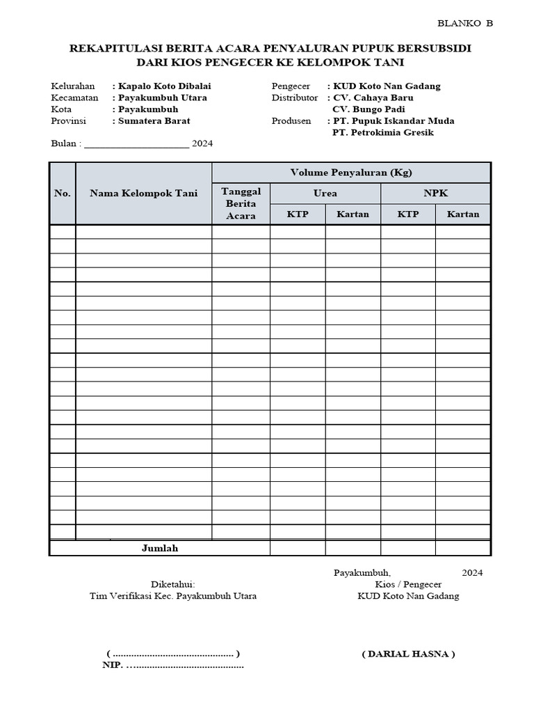 Berita Acara Penyaluran Pupuk Bersubsidi (Kud KNG) | PDF