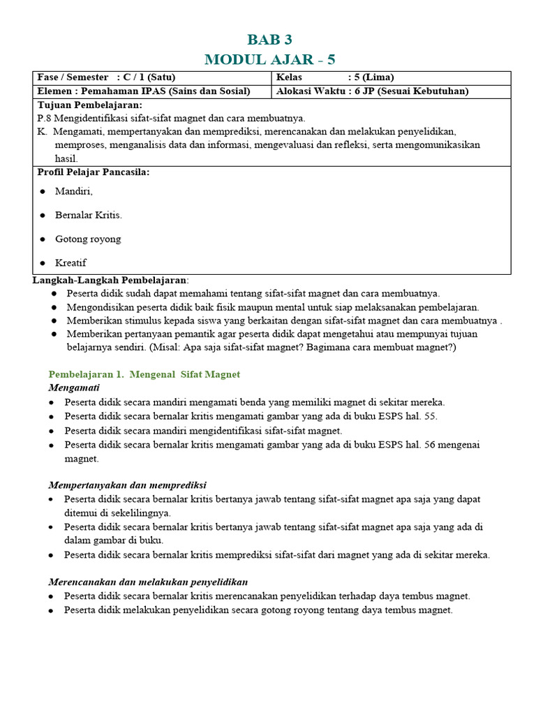 RPP Bab 3 (Magnet, Listrik, Dan Teknologinya) | PDF