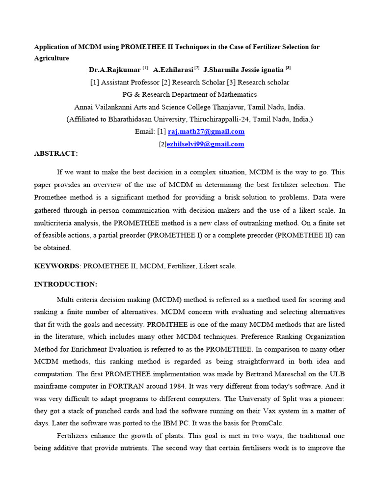 Application of MCDM Using PROMETHEE II Techniques in The Case of Fertilizer Selection | PDF ...