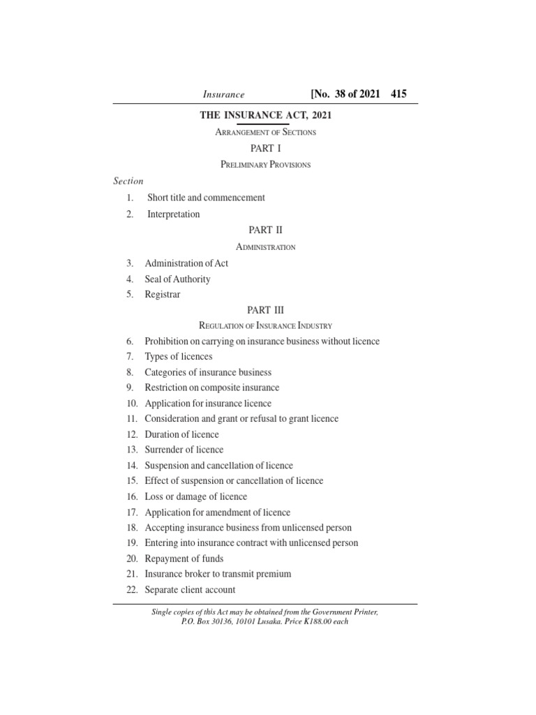 Zambia Insurance Act 2021 Overview | PDF | Insurance | Liquidation