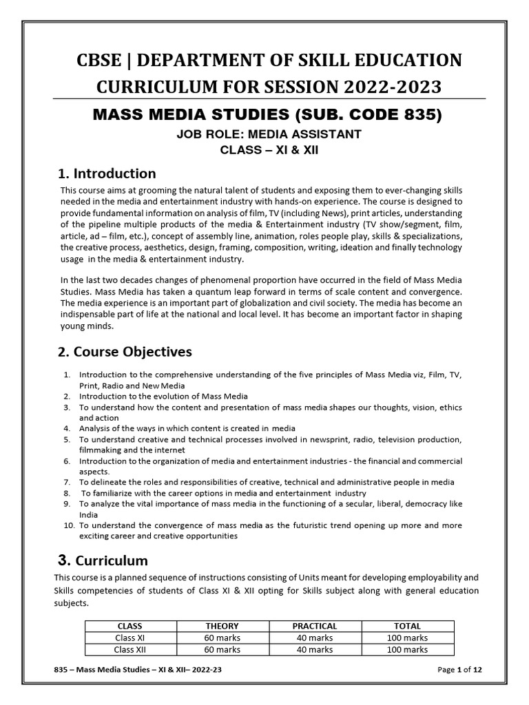 Mass Media Studies Curriculum 2022-23 | PDF | Advertising | Mass Media