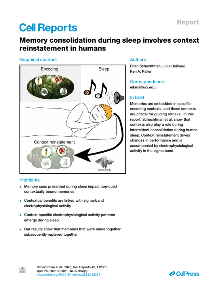 Memory Consolidation During Lseep I Nvolves Context Reinstatement in Humans | PDF | Science ...