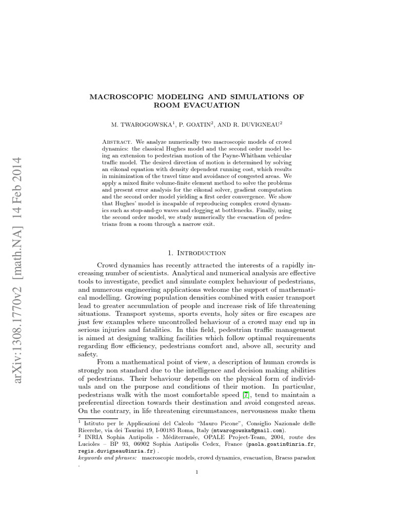 Macroscopic Modeling And Simulations Of Room Evacuation Pdf Finite