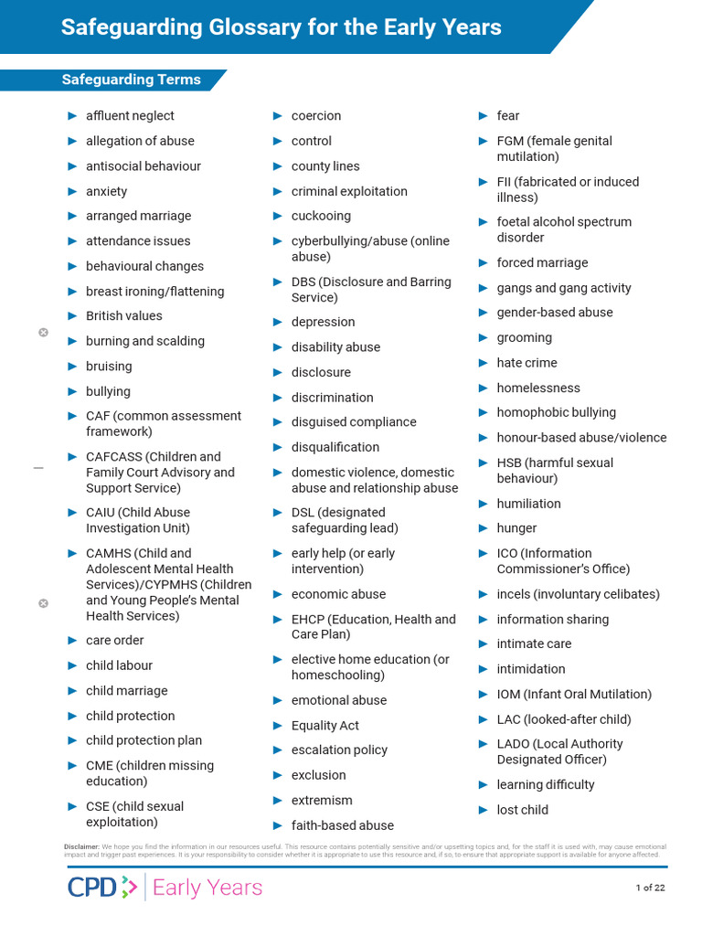 Early Years Safeguarding Glossary | PDF | Child Neglect | Mental Disorder