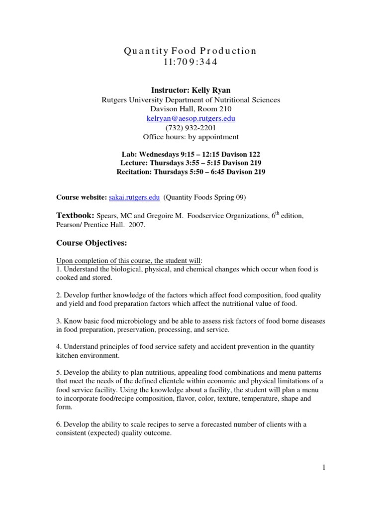Quantity Food Production Lesson Plan | PDF | Foodservice | Foods