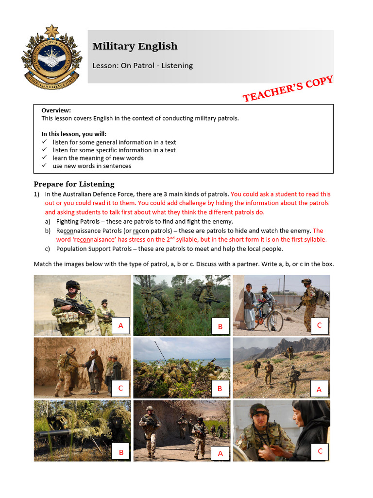 Military English: Patrol Types Lesson | PDF | Reconnaissance | Military ...
