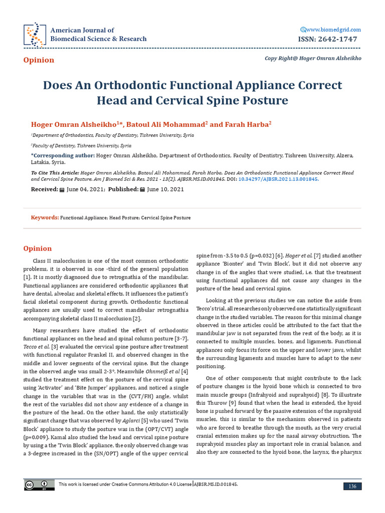 Does An Orthodontic Functional Appliance Correct Head and Cervical ...