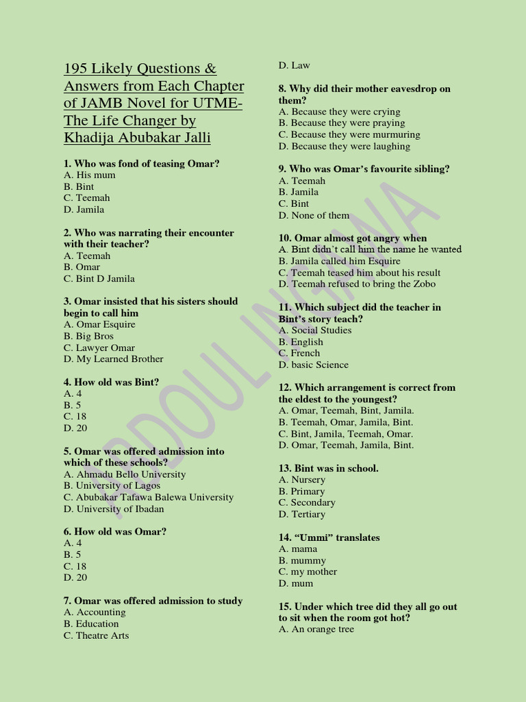 195 Likely Questions On The Life Changer by Khadija Abubakar Jalli | PDF