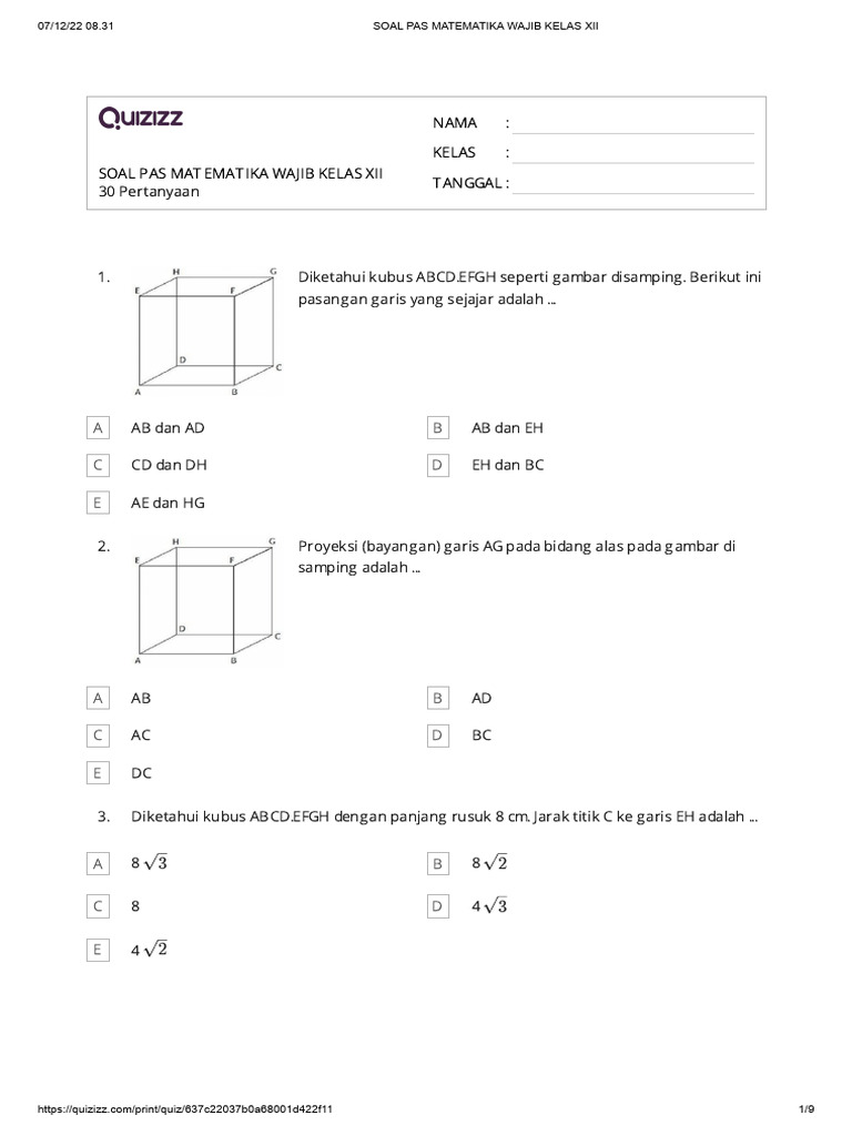 Soal Pas Matematika Wajib Kelas Xii &kunci Jawaban | PDF