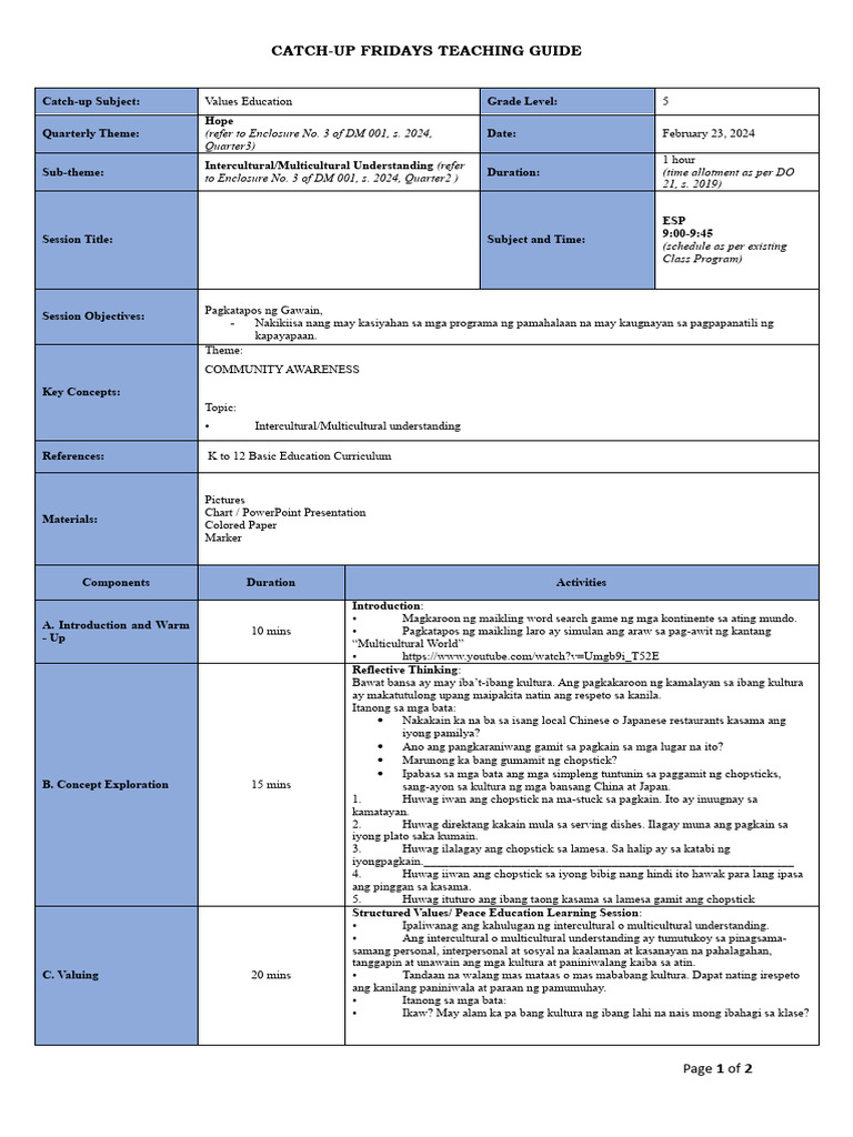 Values Ed Grade 5 Feb 23 | PDF