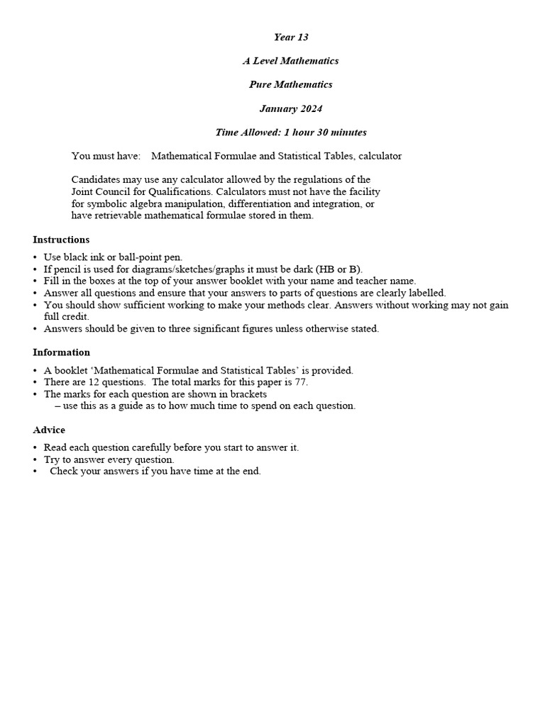January 2024 A Level Maths Mock Exam | PDF | Teaching Methods & Materials