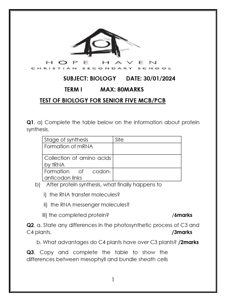S5 Biology Test 2 Term Ii 2024 and Marking Guide | PDF