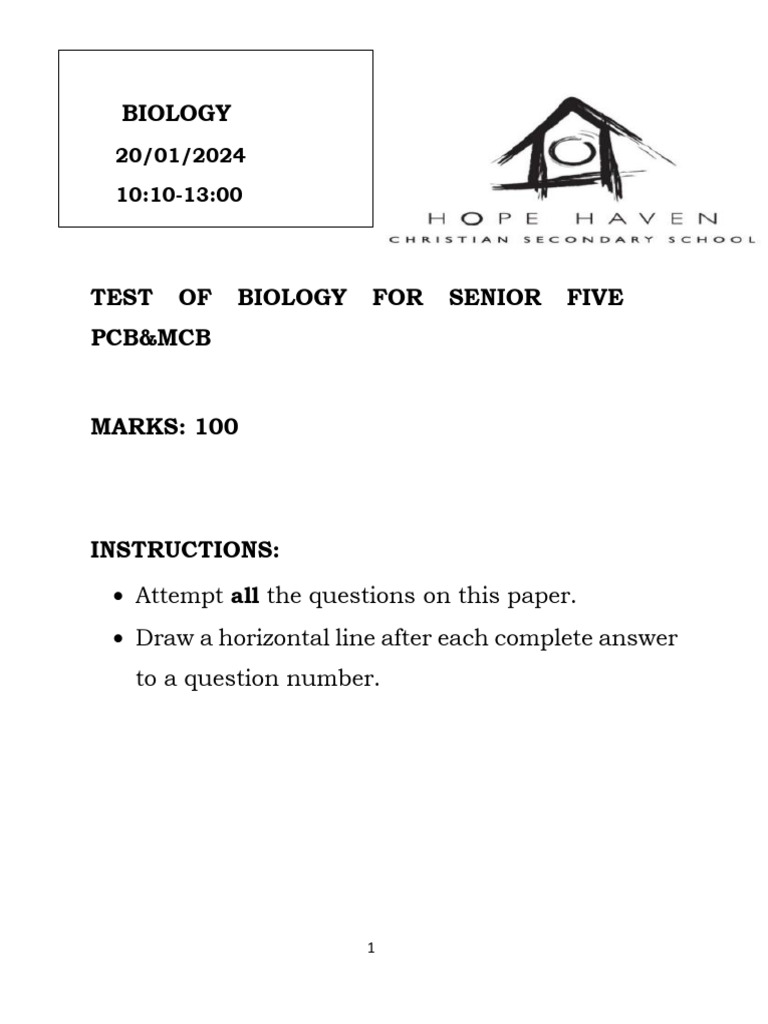 S5 BIOLOGY TEST I TERM II 2024 and MARKING GUIDE | PDF | Enzyme ...