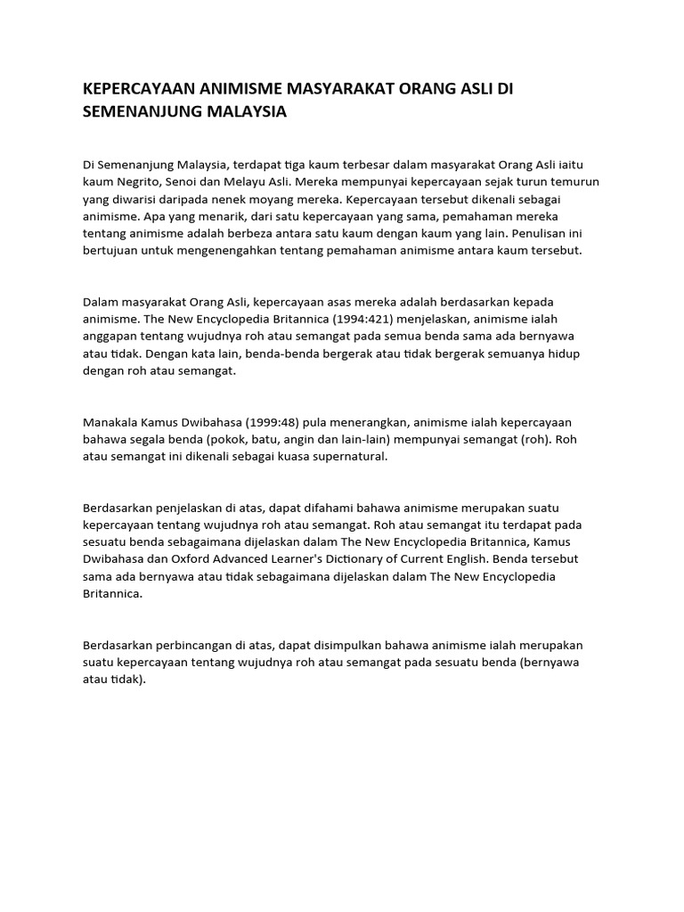 Kepercayaan Animisme Masyarakat Orang Asli Di Semenanjung Malaysia | PDF | Ilmu Sosial | Filsafat