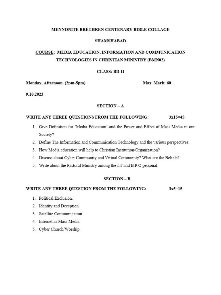 BD-II, 1st Semester Question Paper. Media Education. | PDF