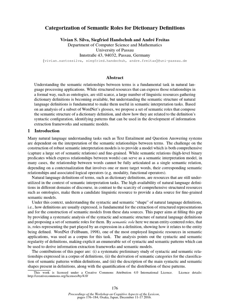 Categorization of Semantic Roles For Dictionary Definitions | PDF | Definition | Syntax