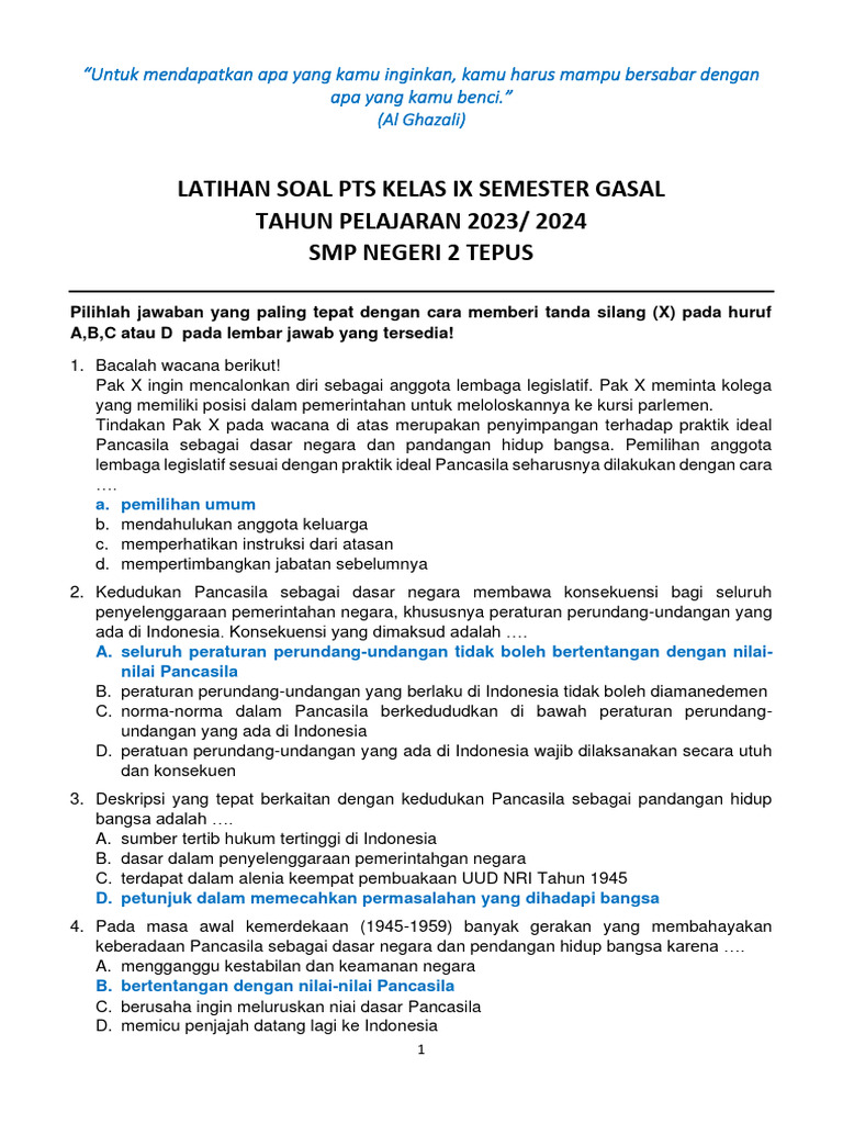 Latihan Soal PTS PPKN Kelas Ix Tahun Pelajaran 2023-2024 | PDF | Politik | Ilmu Sosial