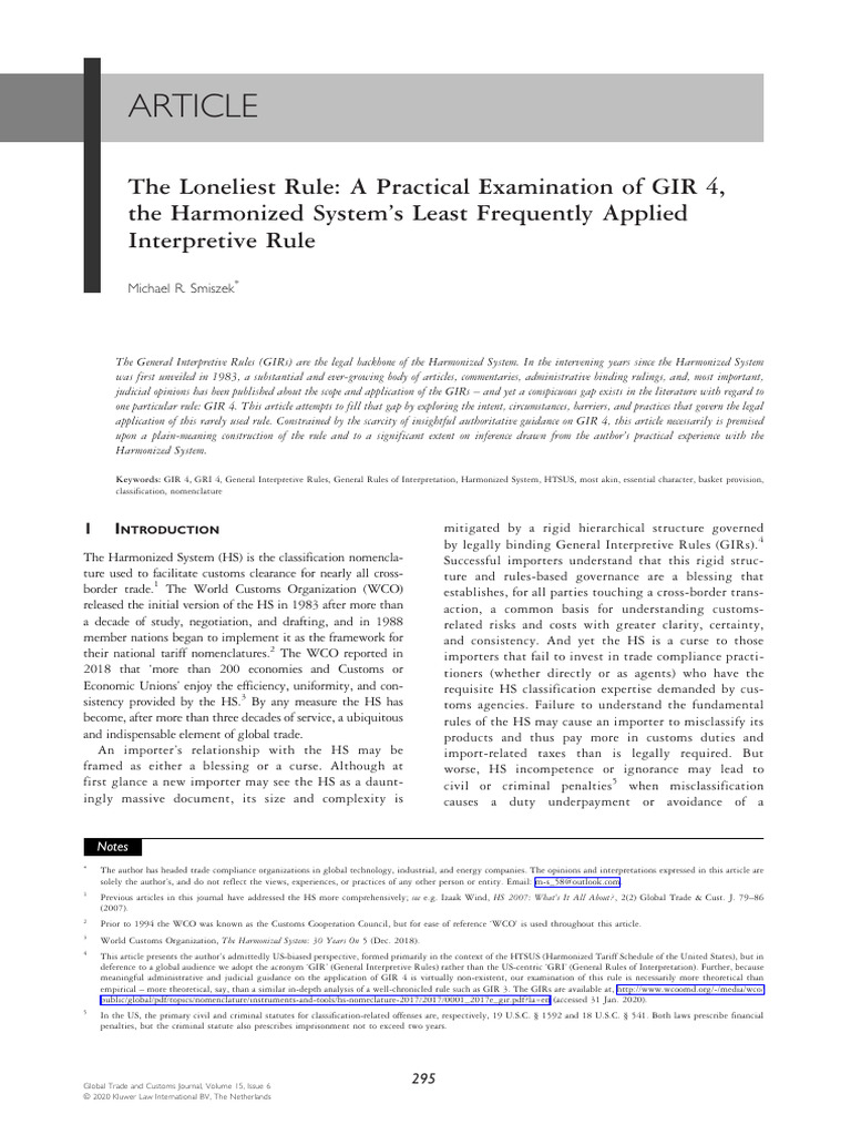 Customs Classification Extra Readings On Gir Pdf