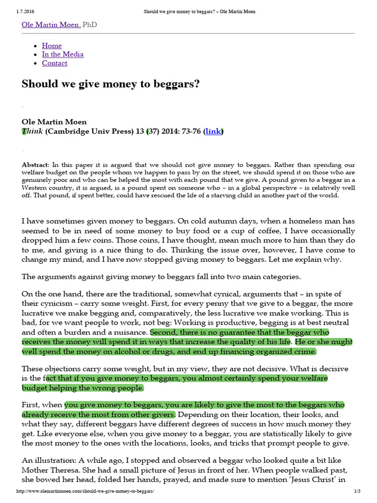 Should We Give Money To Beggars by Ole | PDF | Money