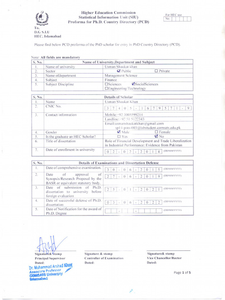 Updated PCD of Mr. Usman Shaukat Khan, SP14-PMS-003 | PDF